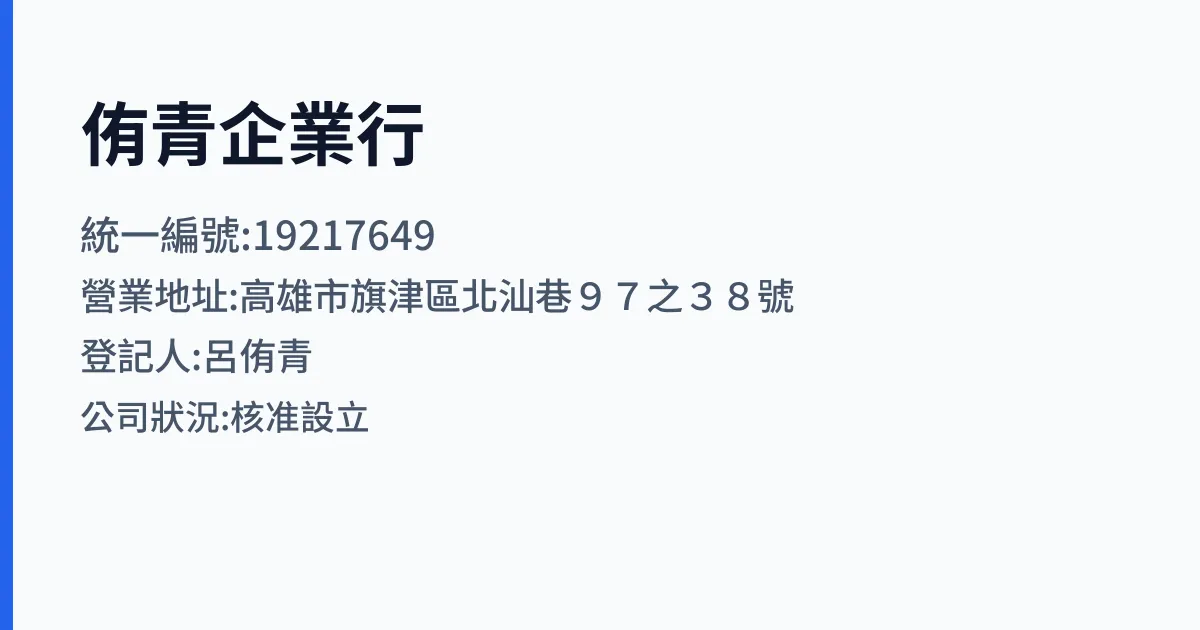 侑青企業行 - 統編 19217649（高雄市） 公司登記資料與營業項目詳細圖表