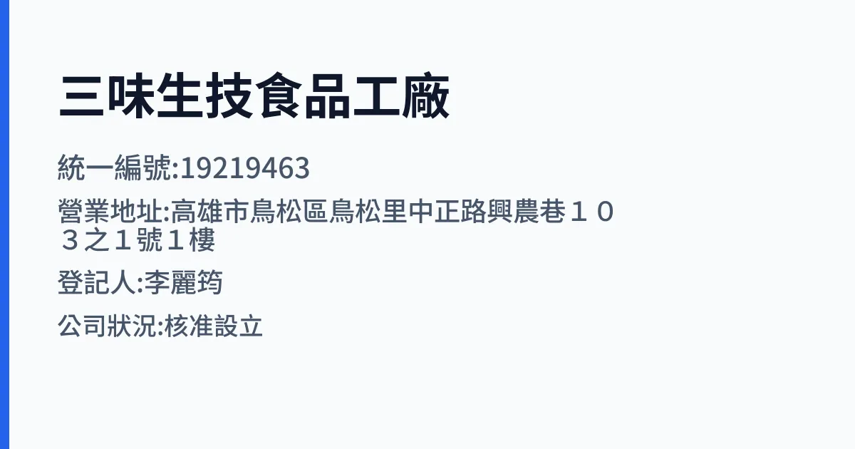 三味生技食品工廠 - 統編 19219463(高雄市) 公司登記資料與營業項目詳細圖表