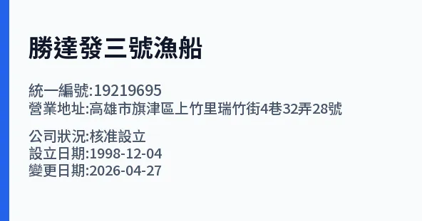 勝達發三號漁船的照片-統編 19219695(高雄市) 公司登記資料與營業項目詳細圖表