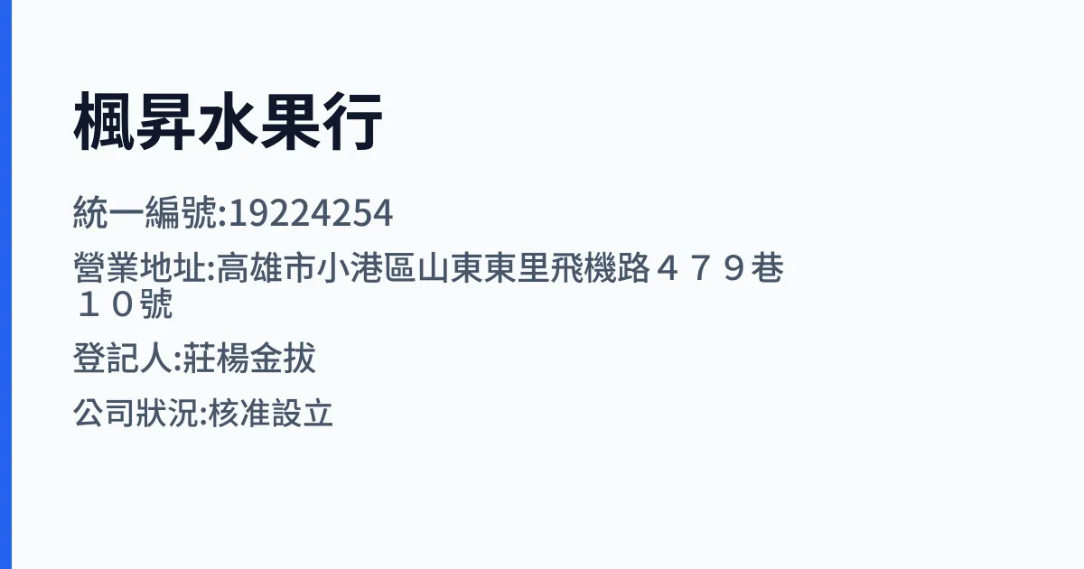 楓昇水果行 - 統編 19224254(高雄市) 公司登記資料與營業項目詳細圖表