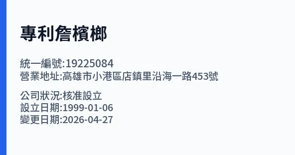 專利詹檳榔的照片-統編 19225084(高雄市) 公司登記資料與營業項目詳細圖表