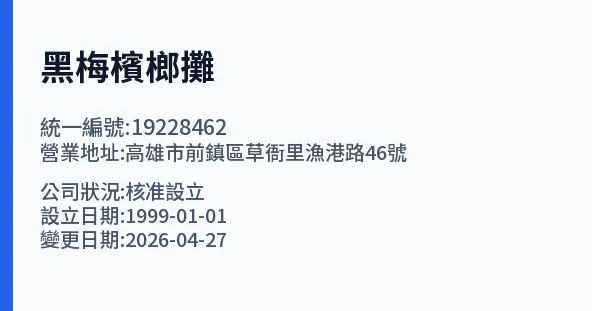 黑梅檳榔攤的照片-統編 19228462(高雄市) 公司登記資料與營業項目詳細圖表