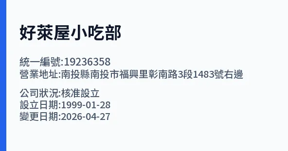 好萊屋小吃部的照片-統編 19236358(南投縣) 公司登記資料與營業項目詳細圖表
