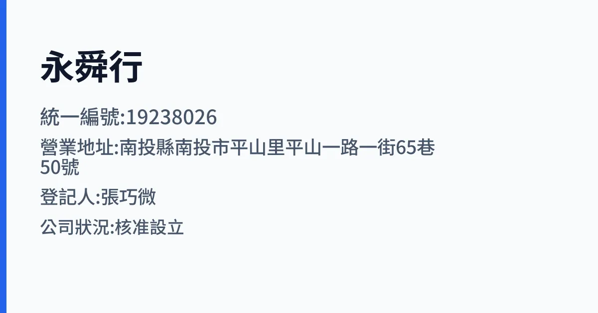 永舜行 - 統編 19238026(南投縣) 公司登記資料與營業項目詳細圖表