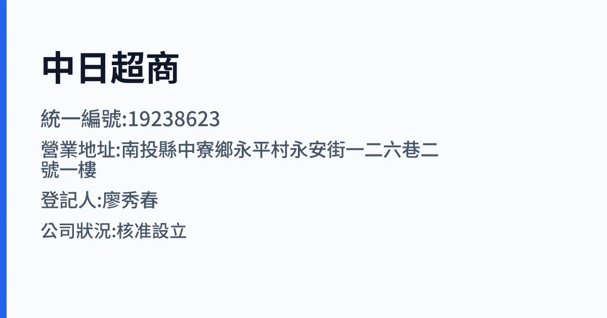 中日超商 - 統編 19238623(南投縣) 公司登記資料與營業項目詳細圖表