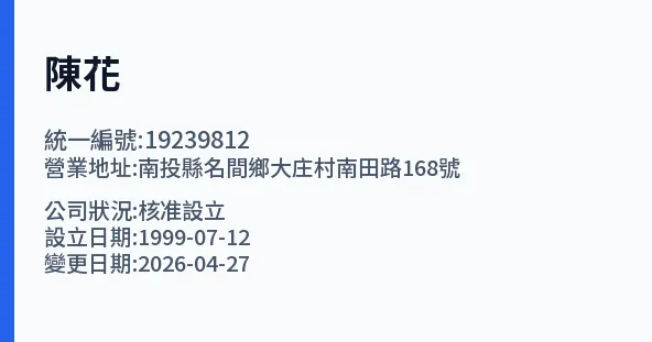 陳花的照片-統編 19239812(南投縣) 公司登記資料與營業項目詳細圖表