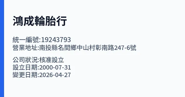 鴻成輪胎行的照片-統編 19243793(南投縣) 公司登記資料與營業項目詳細圖表