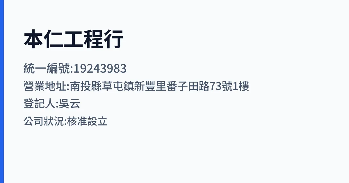 本仁工程行 - 統編 19243983(南投縣) 公司登記資料與營業項目詳細圖表