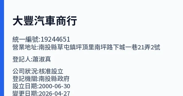 大豐汽車商行的照片-統編 19244651(南投縣) 公司登記資料與營業項目詳細圖表