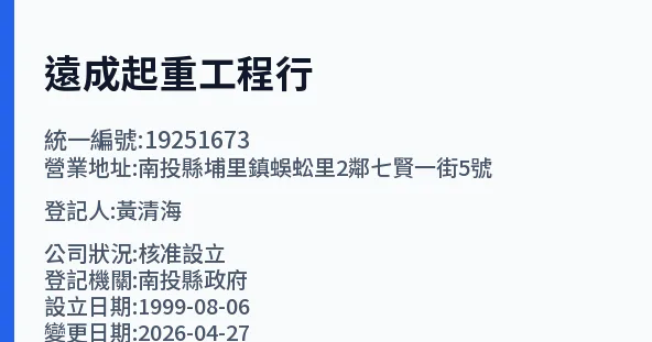 遠成起重工程行的照片-統編 19251673(南投縣) 公司登記資料與營業項目詳細圖表