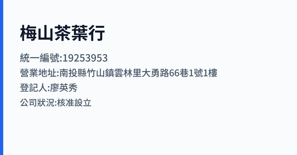 梅山茶葉行 - 統編 19253953(南投縣) 公司登記資料與營業項目詳細圖表