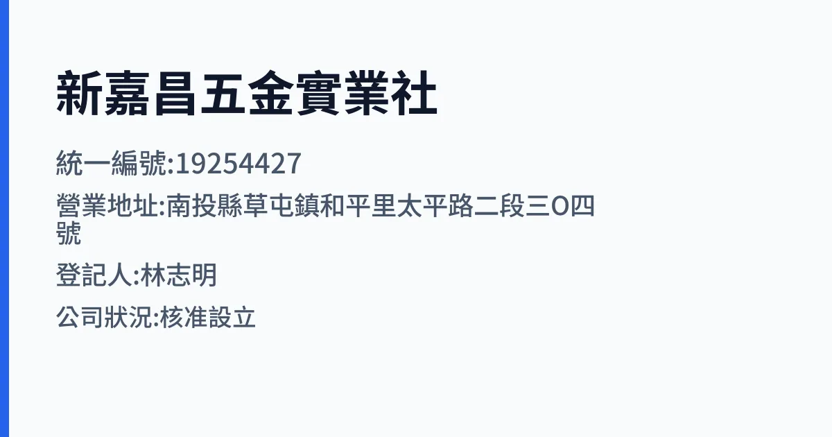 新嘉昌五金實業社 - 統編 19254427(南投縣) 公司登記資料與營業項目詳細圖表