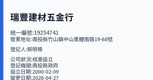 瑞豐建材五金行的照片-統編 19254741(南投縣) 公司登記資料與營業項目詳細圖表
