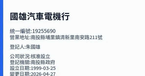 國雄汽車電機行的照片-統編 19255690(南投縣) 公司登記資料與營業項目詳細圖表
