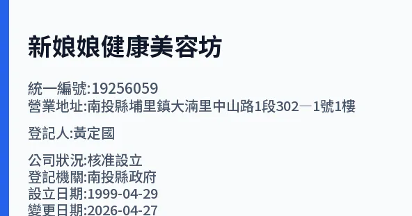 新娘娘健康美容坊的照片-統編 19256059(南投縣) 公司登記資料與營業項目詳細圖表