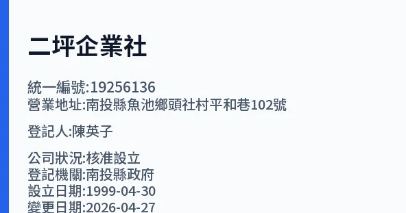 二坪企業社的照片-統編 19256136(南投縣) 公司登記資料與營業項目詳細圖表