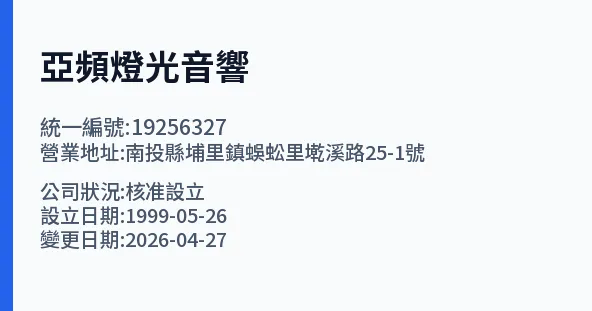 亞頻燈光音響的照片-統編 19256327(南投縣) 公司登記資料與營業項目詳細圖表