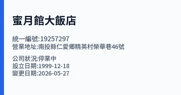 蜜月館大飯店的照片-統編 19257297(南投縣) 公司登記資料與營業項目詳細圖表