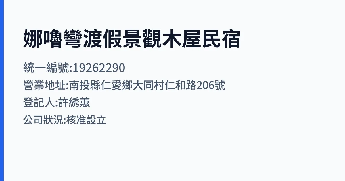 娜嚕彎渡假景觀木屋民宿 - 統編 19262290(南投縣) 公司登記資料與營業項目詳細圖表