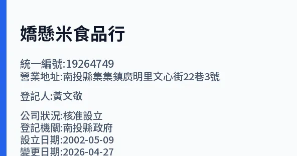 嬌懸米食品行的照片-統編 19264749(南投縣) 公司登記資料與營業項目詳細圖表