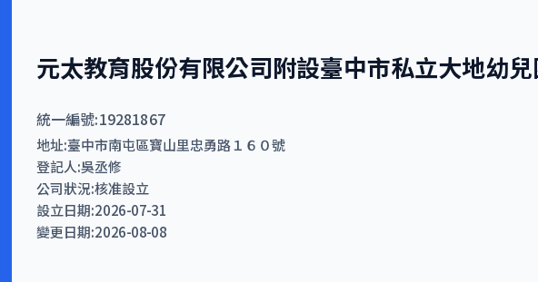 元太教育股份有限公司附設臺中市私立大地幼兒園的照片-統編 19281867(臺中市) 公司登記資料與營業項目詳細圖表