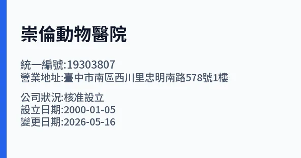 崇倫動物醫院的照片-統編 19303807(臺中市) 公司登記資料與營業項目詳細圖表