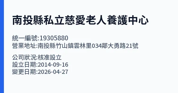 南投縣私立慈愛老人養護中心的照片-統編 19305880(南投縣) 公司登記資料與營業項目詳細圖表