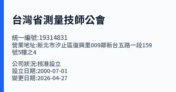 台灣省測量技師公會的照片-統編 19314831(新北市) 公司登記資料與營業項目詳細圖表