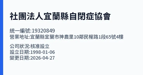 社團法人宜蘭縣自閉症協會的照片-統編 19320849(宜蘭縣) 公司登記資料與營業項目詳細圖表