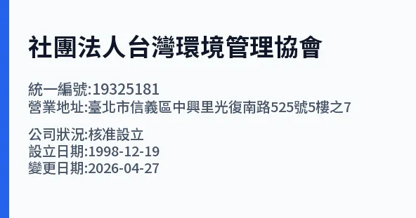 社團法人台灣環境管理協會的照片-統編 19325181(臺北市) 公司登記資料與營業項目詳細圖表