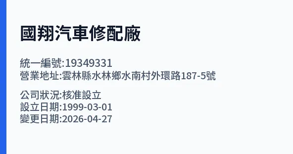 國翔汽車修配廠的照片-統編 19349331(雲林縣) 公司登記資料與營業項目詳細圖表