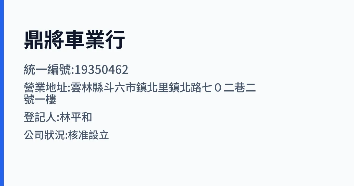 鼎將車業行 - 統編 19350462(雲林縣) 公司登記資料與營業項目詳細圖表