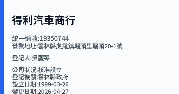 得利汽車商行的照片-統編 19350744(雲林縣) 公司登記資料與營業項目詳細圖表