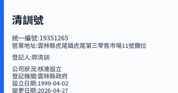 清訓號的照片-統編 19351265(雲林縣) 公司登記資料與營業項目詳細圖表