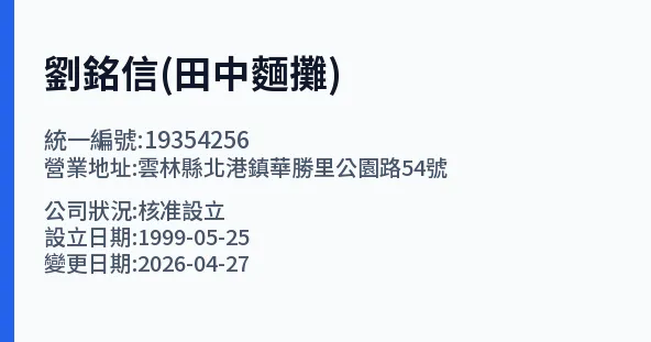 劉銘信(田中麵攤)的照片-統編 19354256(雲林縣) 公司登記資料與營業項目詳細圖表