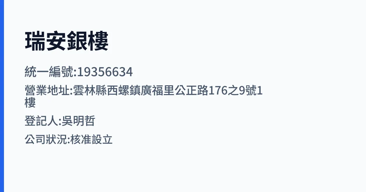 瑞安銀樓 - 統編 19356634(雲林縣) 公司登記資料與營業項目詳細圖表