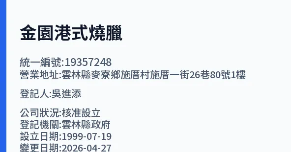 金園港式燒臘的照片-統編 19357248(雲林縣) 公司登記資料與營業項目詳細圖表