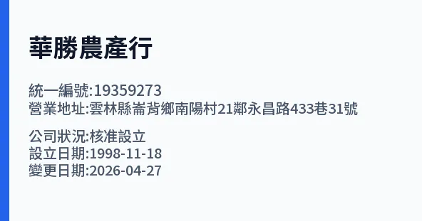 華勝農產行的照片-統編 19359273(雲林縣) 公司登記資料與營業項目詳細圖表