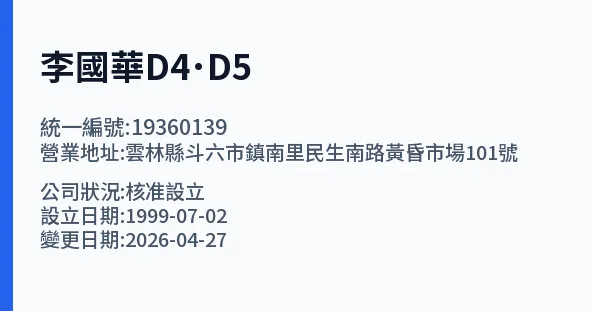 李國華D4˙D5的照片-統編 19360139(雲林縣) 公司登記資料與營業項目詳細圖表