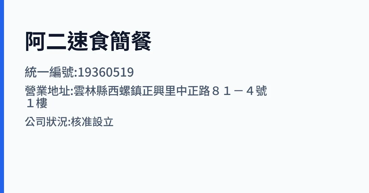 阿二速食簡餐 - 統編 19360519（雲林縣） 公司登記資料與營業項目詳細圖表