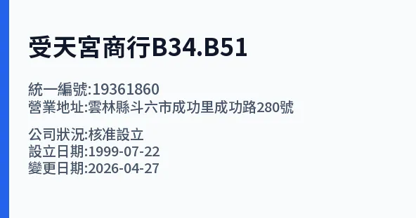 受天宮商行B34.B51的照片-統編 19361860(雲林縣) 公司登記資料與營業項目詳細圖表
