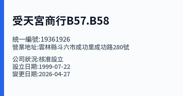 受天宮商行B57.B58的照片-統編 19361926(雲林縣) 公司登記資料與營業項目詳細圖表