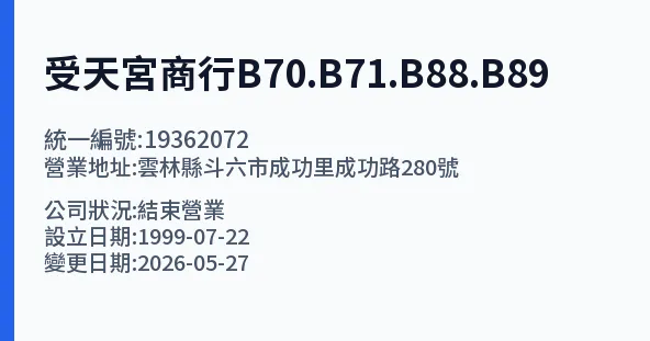 受天宮商行B70.B71.B88.B89的照片-統編 19362072(雲林縣) 公司登記資料與營業項目詳細圖表