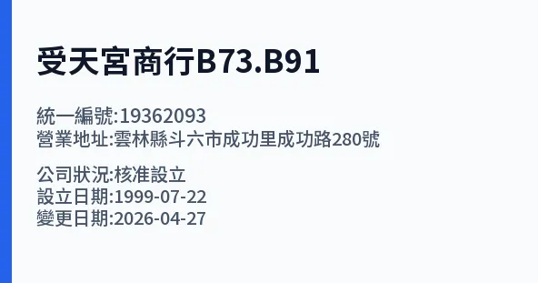 受天宮商行B73.B91的照片-統編 19362093(雲林縣) 公司登記資料與營業項目詳細圖表