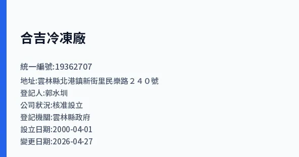 合吉冷凍廠的照片-統編 19362707(雲林縣) 公司登記資料與營業項目詳細圖表