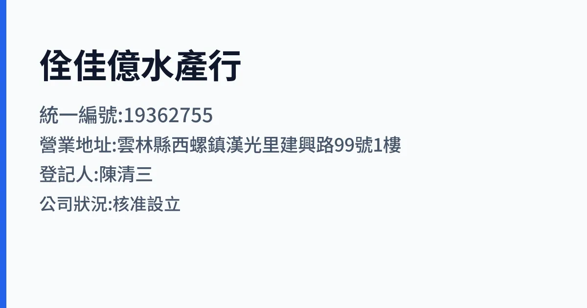 佺佳億水產行 - 統編 19362755(雲林縣) 公司登記資料與營業項目詳細圖表