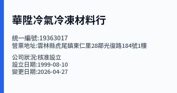 華陞冷氣冷凍材料行的照片-統編 19363017(雲林縣) 公司登記資料與營業項目詳細圖表