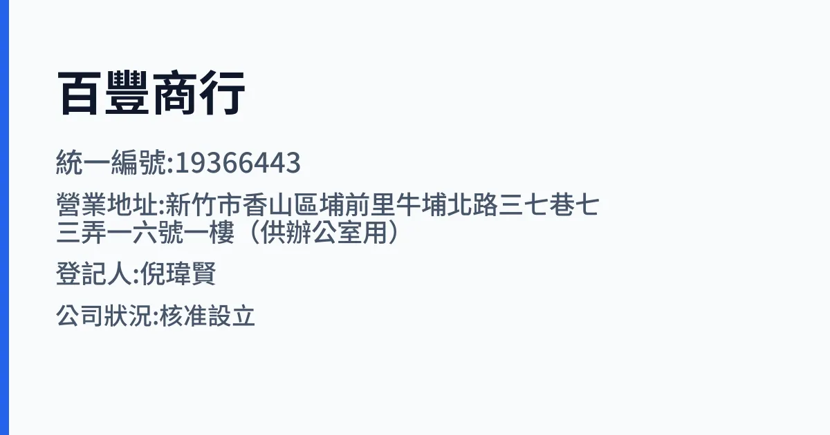 百豐商行 - 統編 19366443(新竹市) 公司登記資料與營業項目詳細圖表