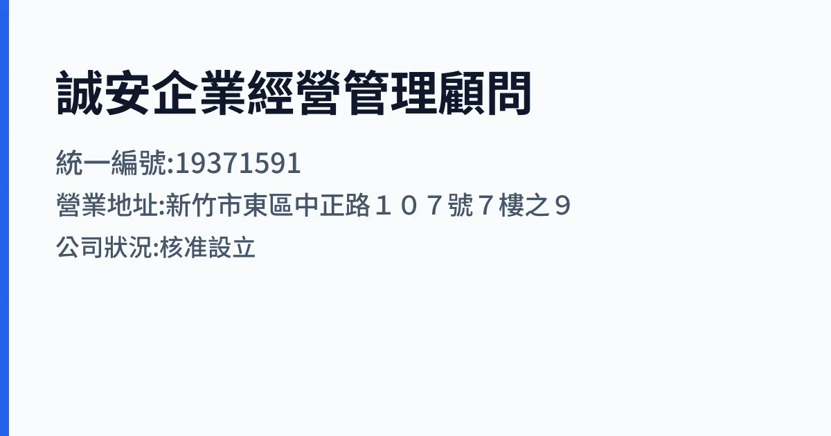 誠安企業經營管理顧問 - 統編 19371591(新竹市) 公司登記資料與營業項目詳細圖表