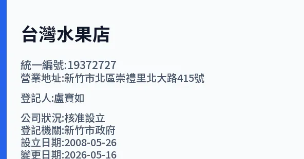 台灣水果店的照片-統編 19372727(新竹市) 公司登記資料與營業項目詳細圖表
